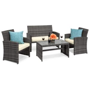 best choice products 4-piece outdoor wicker patio conversation furniture set for backyard w/coffee table, seat cushions - gray/cream