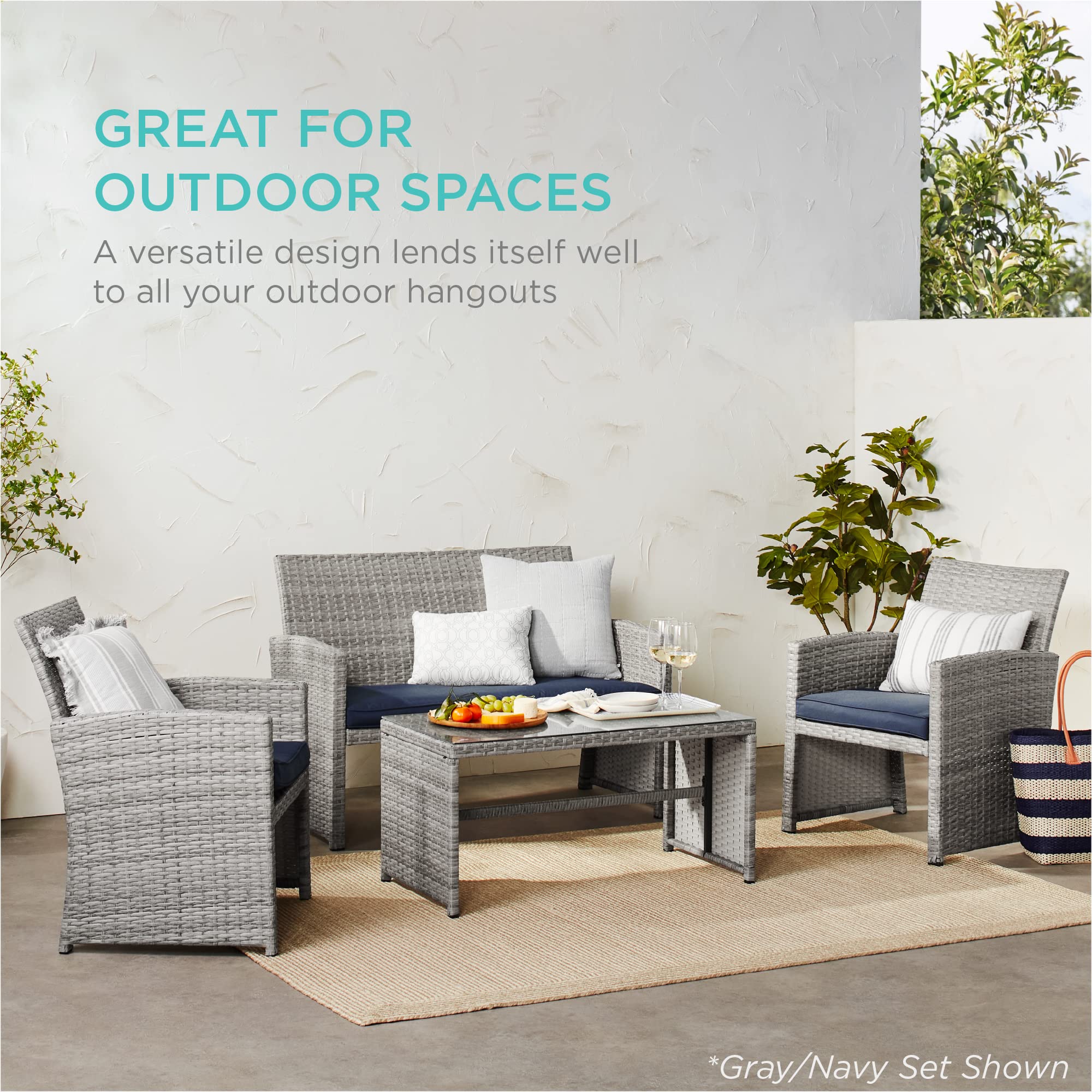 Best Choice Products 4-Piece Outdoor Wicker Patio Conversation Furniture Set for Backyard w/Coffee Table, Seat Cushions - Gray/Cream