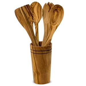 olive wood 5-piece wooden cooking utensil set - includes holder with spatula, cooking/mixing spoon, salad spoon and fork - handcrafted in tunisia - unique patterns and color variations