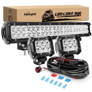 nilight - zh002 20inch 126w spot flood combo off road led light bar 2pcs 18w 4inch led pods with 16awg wiring harness kit-3 lead for tractor, 2 years warranty