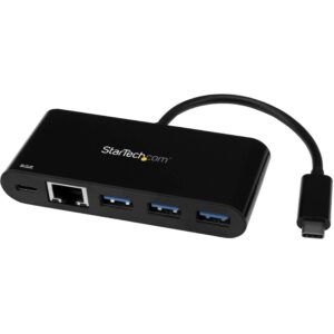 startech.com 3 port usb-c hub with gigabit ethernet & 60w power delivery passthrough laptop charging - usb-c to 3x usb-a (usb 3.0 superspeed 5gbps) - usb 3.1/3.2 gen 1 type-c adapter hub (hb30c3agepd)