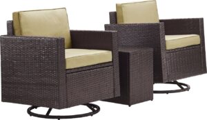 crosley furniture ko70058br-sa palm harbor outdoor wicker 3-piece seating set (2 swivel chairs and side table), brown with sand cushions