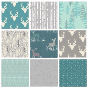 teal and gray woodland deer fabric bundle | boys quilt fabrics | hunting fabrics | buck head fabrics for quilting | deer fat quarters | art gallery fabrics (fat quarters)