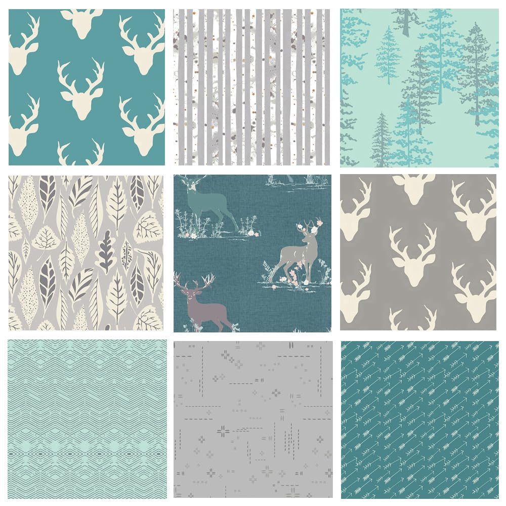 Teal and Gray Woodland Deer Fabric Bundle | Boys Quilt Fabrics | Hunting Fabrics | Buck Head Fabrics for Quilting | Deer Fat Quarters | Art Gallery Fabrics (Fat Quarters)