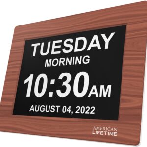 【New 2024】American Lifetime Dementia Clock Large Digital Clock for Seniors, Digital Clock Large Display with custom Alarms Clock with Day & Date for Elderly Large Number Digital Clock Brown Wood Color