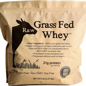 100% Raw Grass Fed Whey - Happy Healthy Cows, COLD PROCESSED Undenatured Protein Powder, GMO-Free + rBGH Free + Soy Free + Gluten Free, Unflavored, Unsweetened (5 LB BULK, 90 Serve)