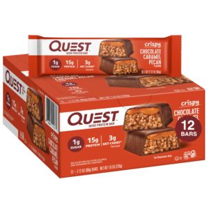 quest nutrition crispy chocolate caramel pecan hero protein bar, 15g protein, 1g sugar, 3g net carb, gluten free protein snack, keto friendly, 12 count