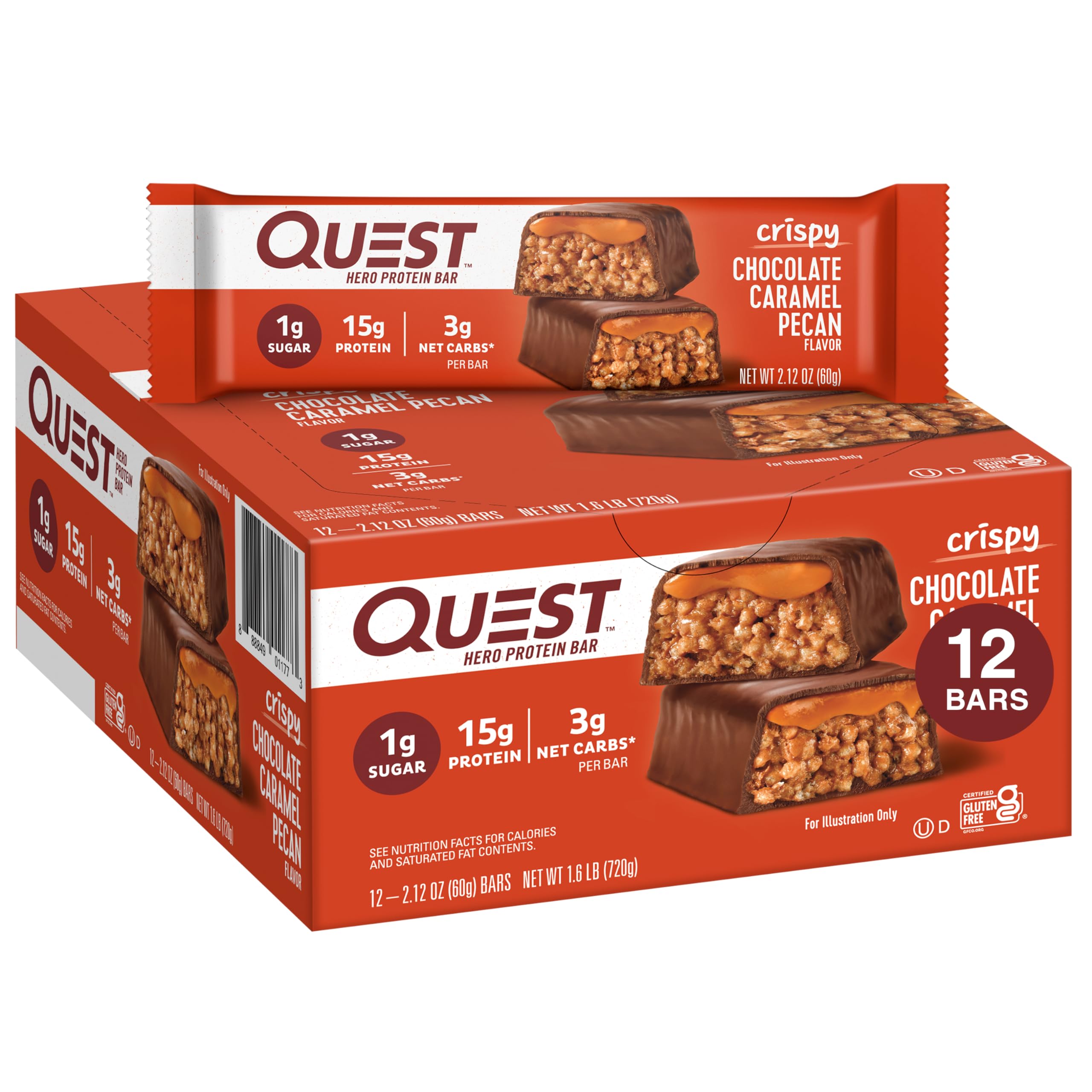 Quest Nutrition Crispy Chocolate Caramel Pecan Hero Protein Bar, 15g Protein, 1g Sugar, 3g Net Carb, Gluten Free Protein Snack, Keto Friendly, 12 Count