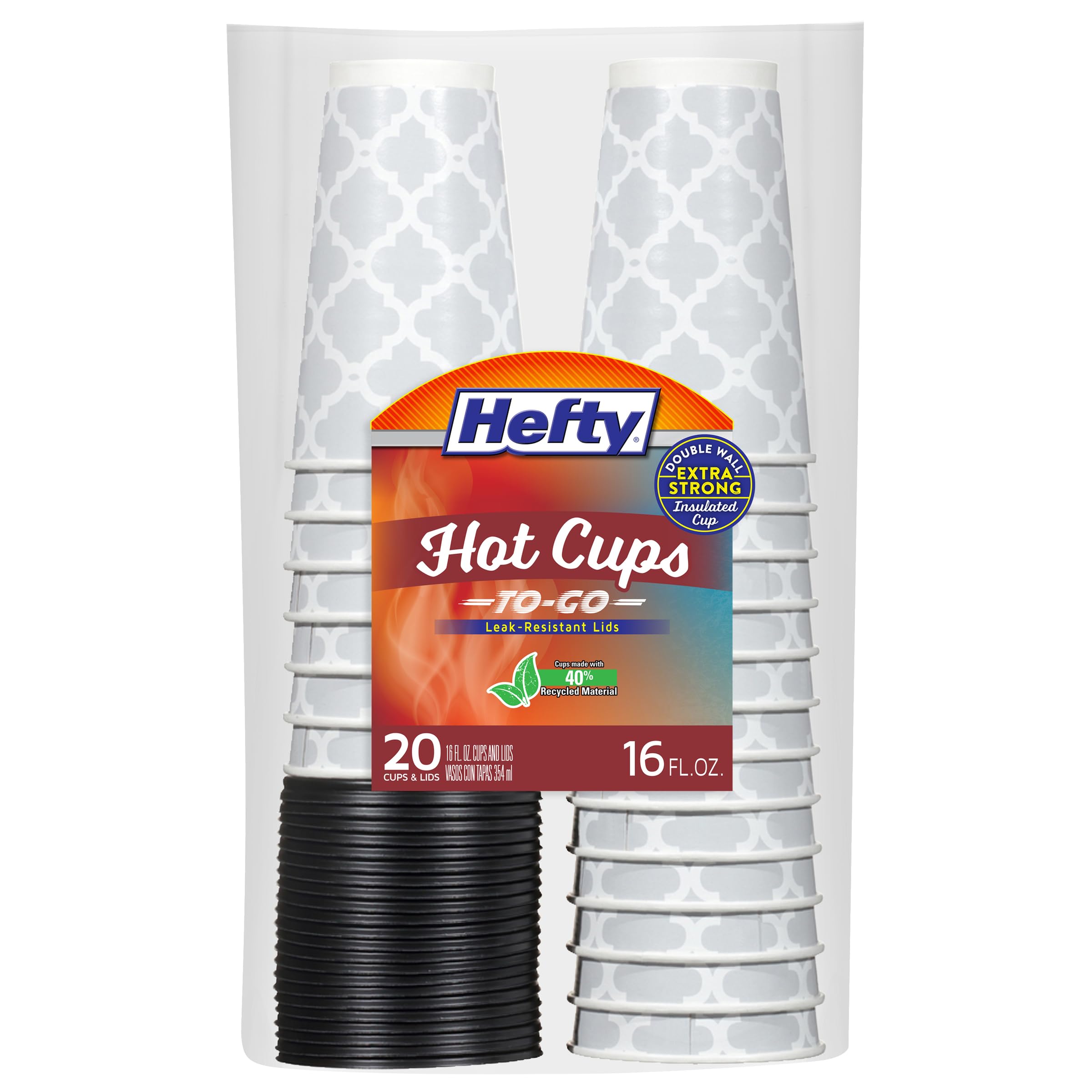 Hefty Paper Disposable Hot Cups with Lids, 16 Ounce, 20 Count