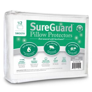 set of 2 king size sureguard pillow protectors - 100% waterproof, bed bug proof, hypoallergenic - premium zippered cotton covers - smooth