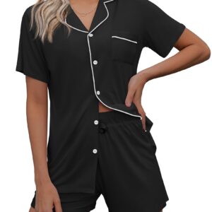 Ekouaer Pajamas Set for Women Short Sleeve Sleepwear Notch Collar Button Down Nightwear Soft Pjs Lounge Set,Black,XX-Large