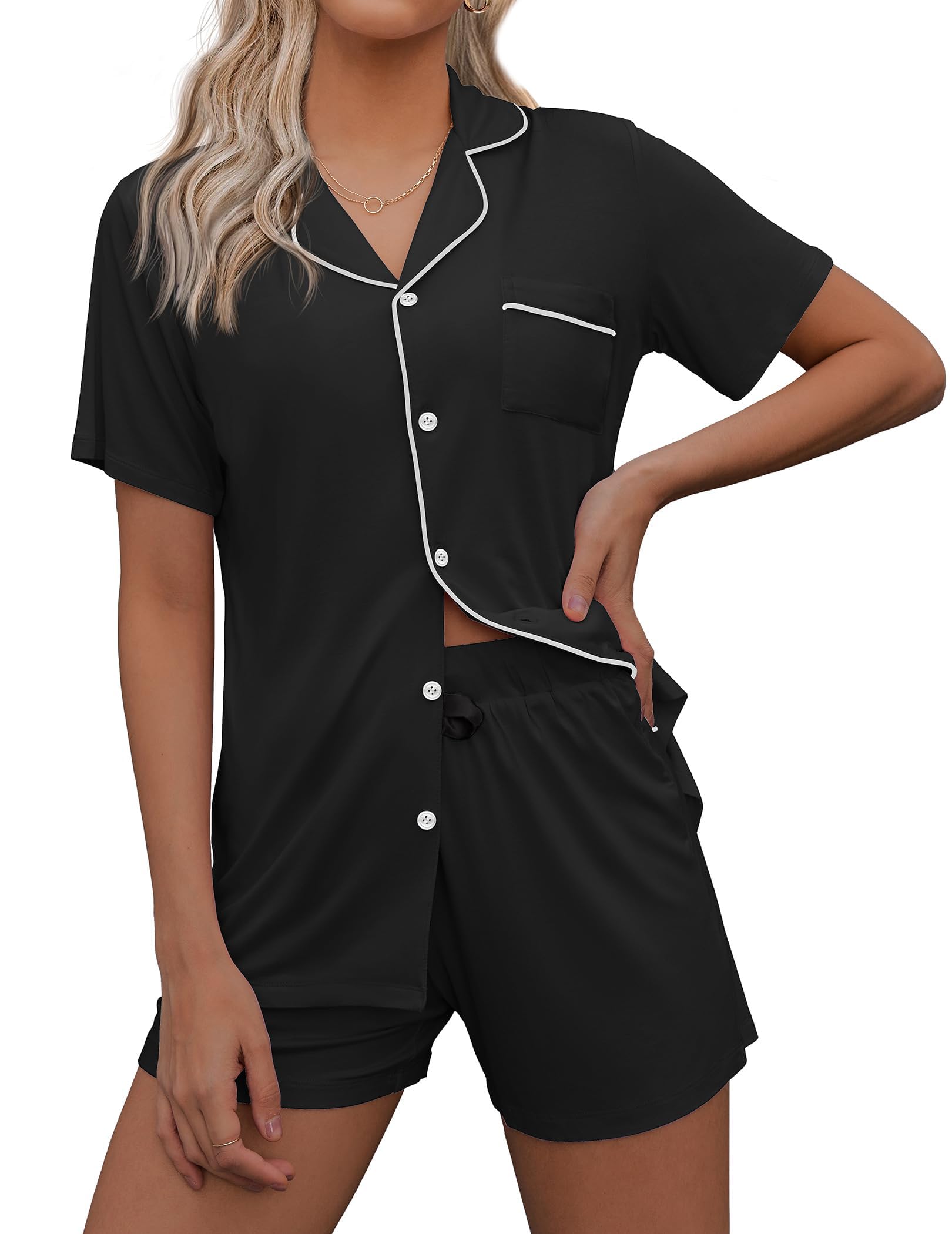 Ekouaer Pajamas Set for Women Short Sleeve Sleepwear Notch Collar Button Down Nightwear Soft Pjs Lounge Set,Black,XX-Large