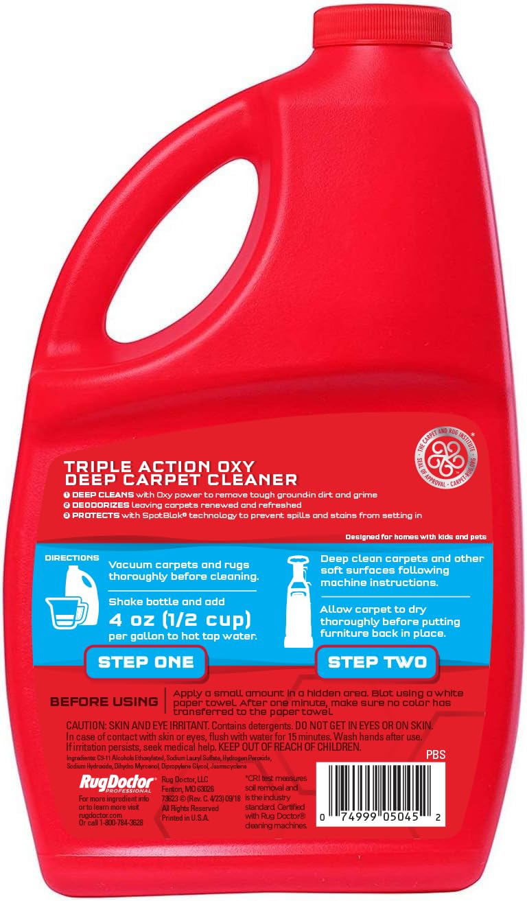 Rug Doctor Triple Action Oxy Deep Carpet Cleaner, 48 oz., Deep Cleans, Deodorizes, & Protects, Concentrated, Professional-Grade, 3X Action Formula