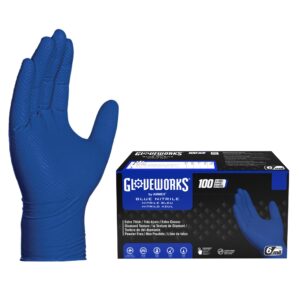 gloveworks hd royal blue nitrile industrial disposable gloves, 6 mil latex-free, raised diamond texture, x-large box of 100