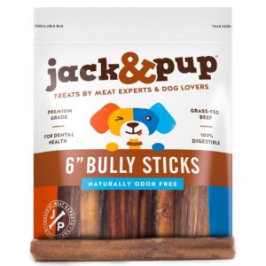 jack&pup 6-inch odor free bully sticks dog treats | single ingredient all natural dog treat chews | long lasting bully sticks for medium dogs (25 pack)