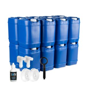 saratoga farms 5-gallon stackable water storage containers with lids, emergency water storage kit including spigots, wrench, and water preserver, 80 gallons