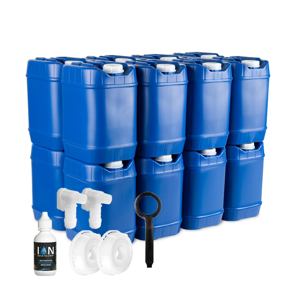 Saratoga Farms 5-Gallon Stackable Water Storage Containers with Lids, Emergency Water Storage Kit Including Spigots, Wrench, and Water Preserver, 80 Gallons