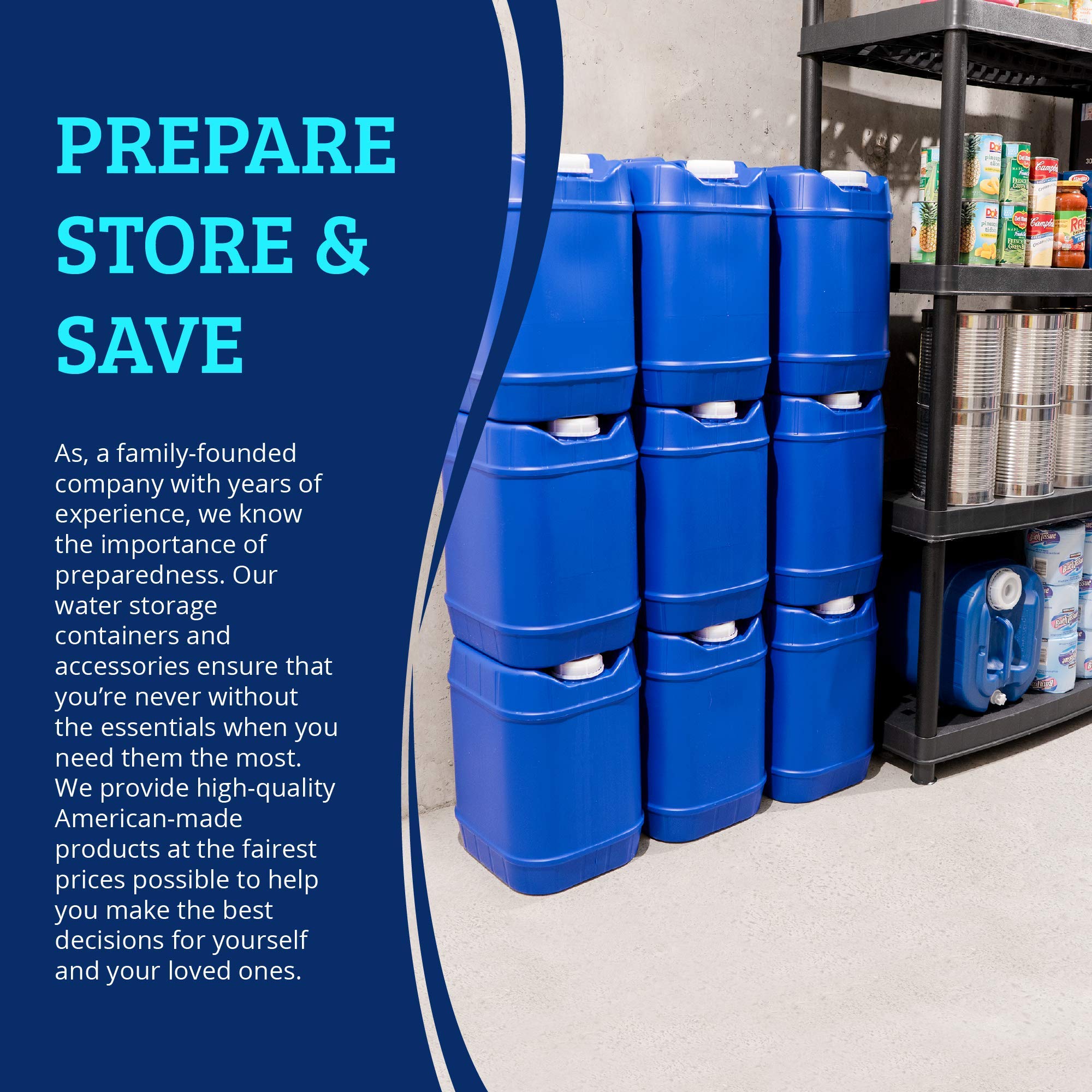 Saratoga Farms 5-Gallon Stackable Water Storage Containers with Lids, Emergency Water Storage Kit Including Spigots, Wrench, and Water Preserver, 80 Gallons