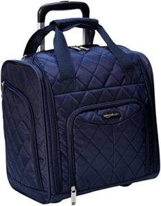 amazon basics underseat carry-on rolling travel luggage bag, 14 inches, navy blue quilted