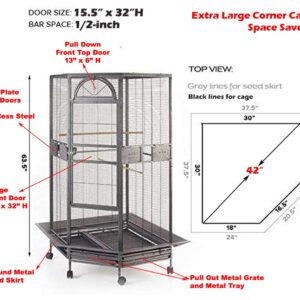 64" Extra Large Corner Bird Flight Breeding Wrought Iron Rolling Parrot Cage Side Solid Metal Plate Feed Doors Pull Out Metal Grate and Tray with Around Metal Seed Guard