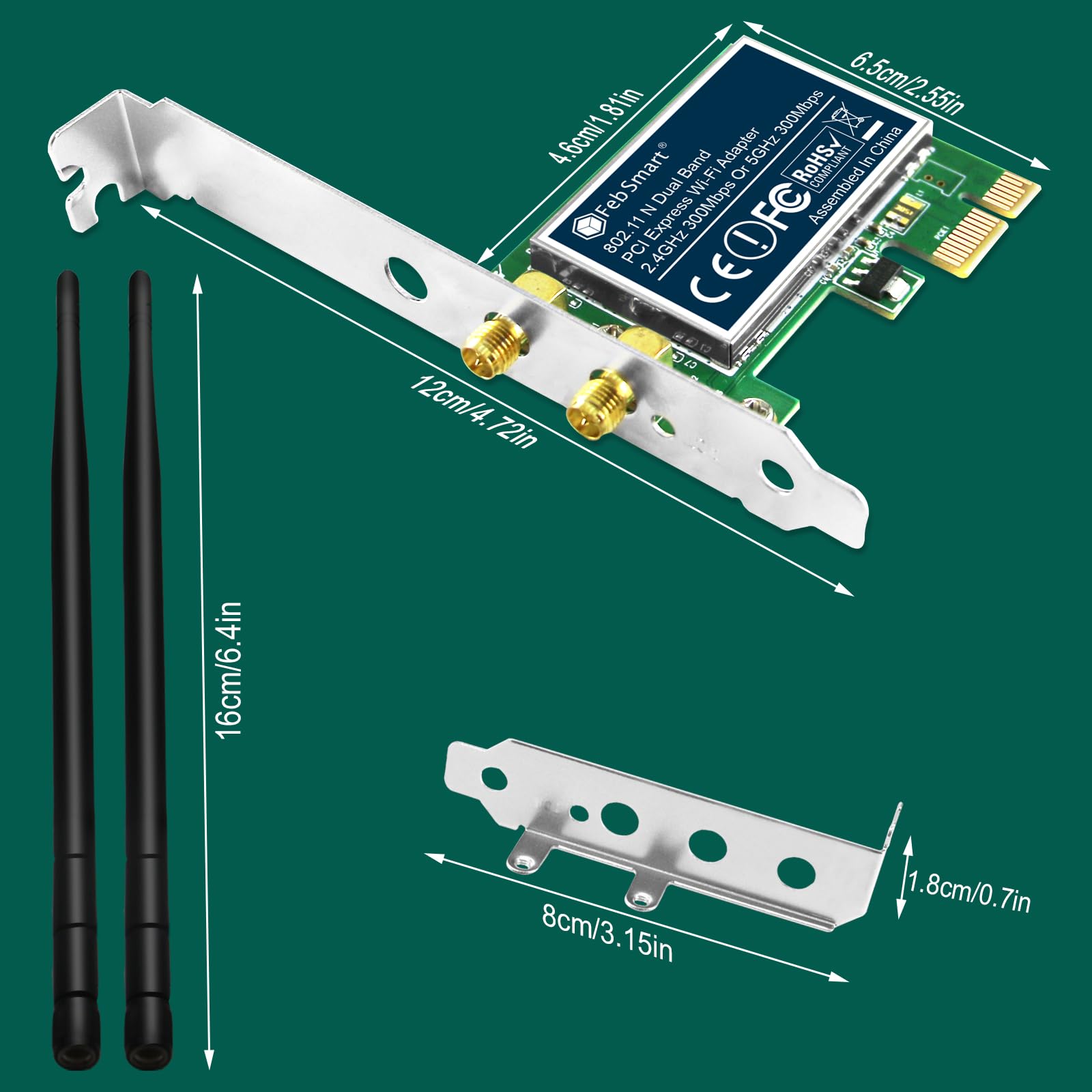 FebSmart Wireless N Dual Band 600Mbps (2.4GHz 300Mbps or 5GHz 300Mbps) PCIE WiFi Adapter for Windows 11, 10, 8.x, 7, XP (32/64bit) and Windows Server Desktop PCs, 2X2 MIMO PCIE WiFi Card (FS-N600)