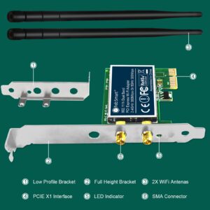 FebSmart Wireless N Dual Band 600Mbps (2.4GHz 300Mbps or 5GHz 300Mbps) PCIE WiFi Adapter for Windows 11, 10, 8.x, 7, XP (32/64bit) and Windows Server Desktop PCs, 2X2 MIMO PCIE WiFi Card (FS-N600)