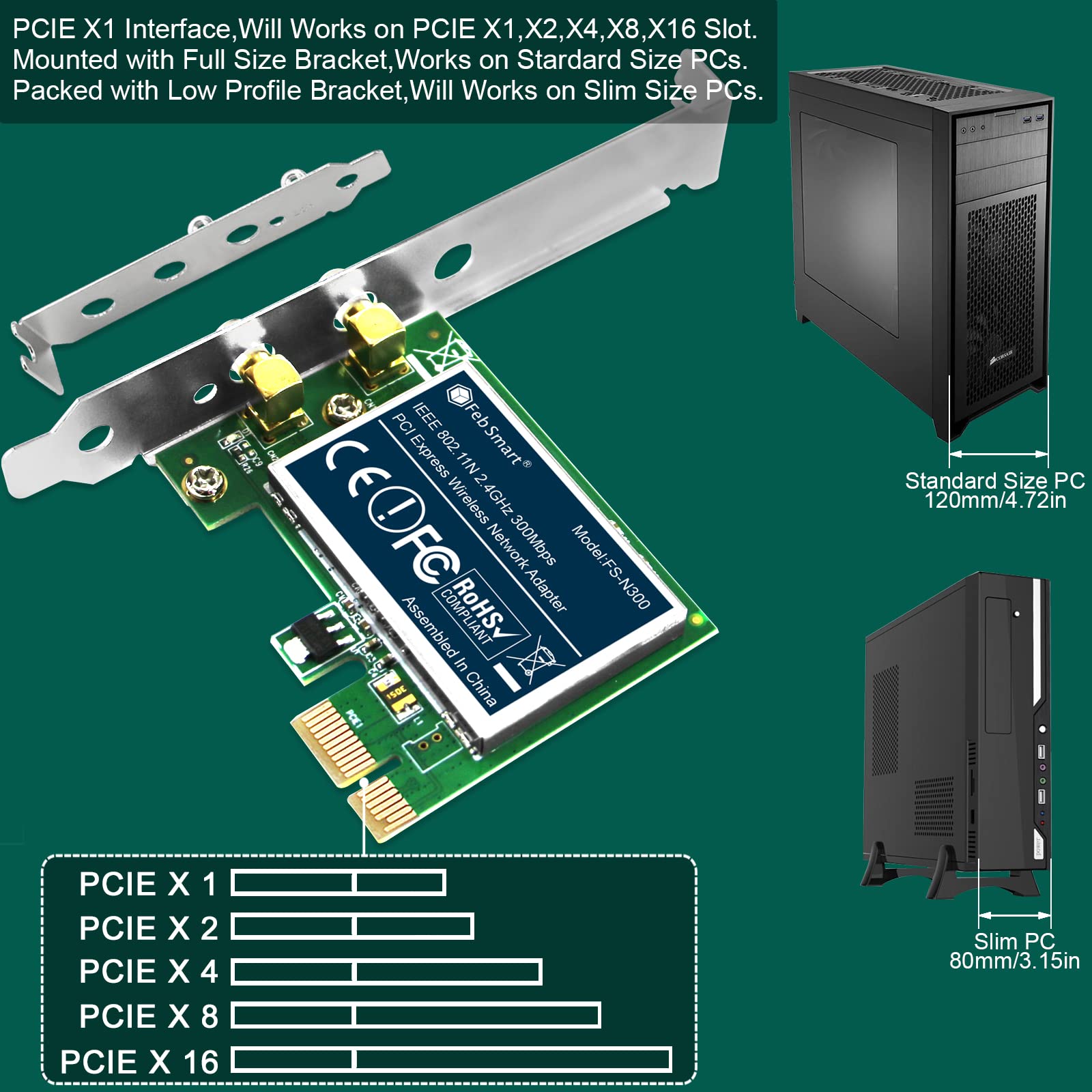 FebSmart Wireless N Dual Band 600Mbps (2.4GHz 300Mbps or 5GHz 300Mbps) PCIE WiFi Adapter for Windows 11, 10, 8.x, 7, XP (32/64bit) and Windows Server Desktop PCs, 2X2 MIMO PCIE WiFi Card (FS-N600)