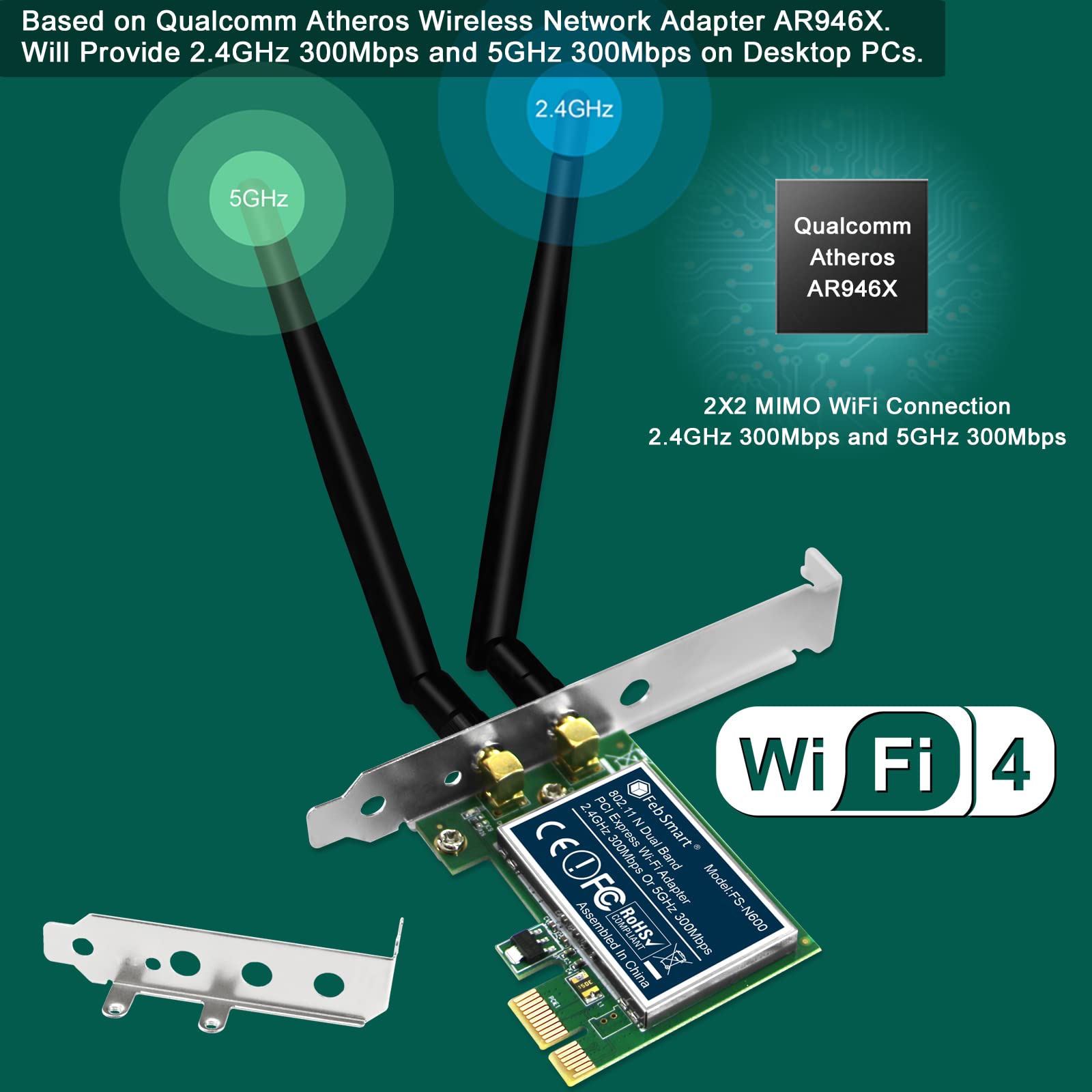 FebSmart Wireless N Dual Band 600Mbps (2.4GHz 300Mbps or 5GHz 300Mbps) PCIE WiFi Adapter for Windows 11, 10, 8.x, 7, XP (32/64bit) and Windows Server Desktop PCs, 2X2 MIMO PCIE WiFi Card (FS-N600)