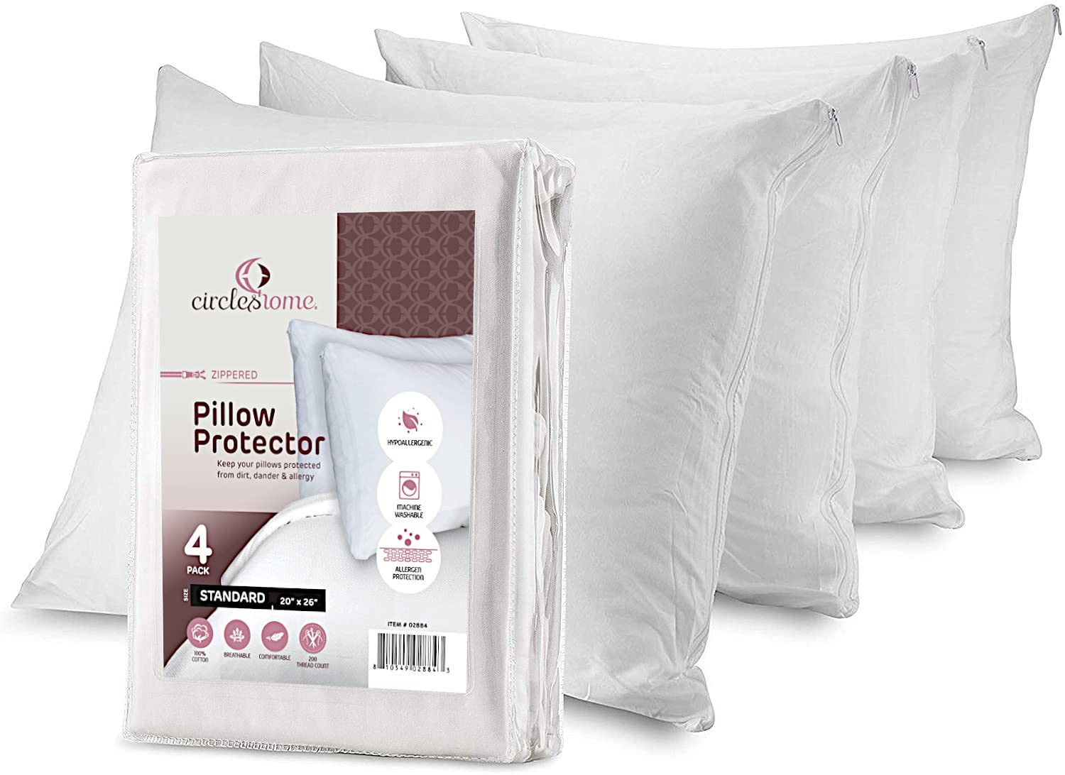 Pillow Protectors 4 Pack Standard Zippered - 100% Cotton Breathable Pillow Covers - Protects Pillows from Dirt, Dust and Debris (Standard - Set of 4 - 20x26)