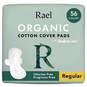 rael pads for women, organic cotton cover pads - regular absorbency, unscented, ultra thin pads with wings for women (regular, 56 total)