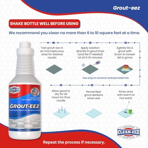 Clean-eez Grout Cleaner 2 Pack with Free Stand-Up Brush - Stain Remover Heavy-Duty Scrubber - Bathroom Shower Ceramic Porcelain - Easy Control Flip Top Cap - 32 oz.