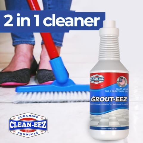 Clean-eez Grout Cleaner 2 Pack with Free Stand-Up Brush - Stain Remover Heavy-Duty Scrubber - Bathroom Shower Ceramic Porcelain - Easy Control Flip Top Cap - 32 oz.