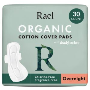 rael pads for women, organic cotton cover - period pads with wings, feminine care, sanitary napkins, heavy absorbency, unscented, ultra thin (overnight, 30 count)