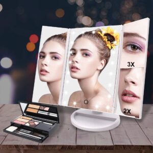 WEILY Tabletop Mount Makeup Mirror with 21 LED Lights,Two Power Supply, Touch Screen and 1x/2x/3x Magnification Tri-Fold Vanity Mirror, Gift for Women(White)