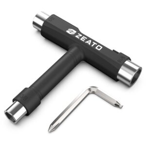 zeato all-in-one skate tools multi-function portable skateboard t tool accessory with t-type allen key and l-type phillips head wrench screwdriver - black