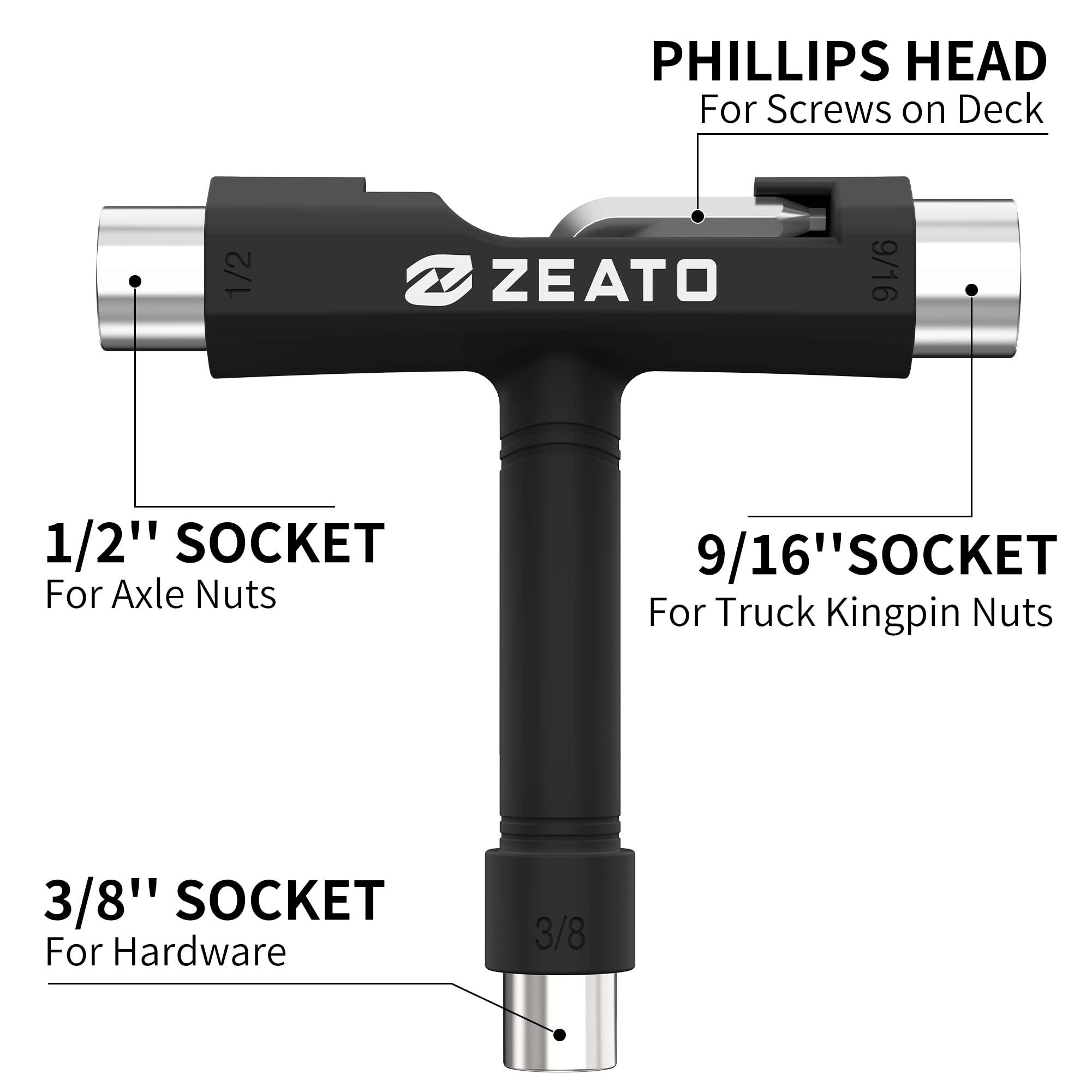 Zeato All-in-One Skate Tools Multi-Function Portable Skateboard T Tool Accessory with T-Type Allen Key and L-Type Phillips Head Wrench Screwdriver - Black