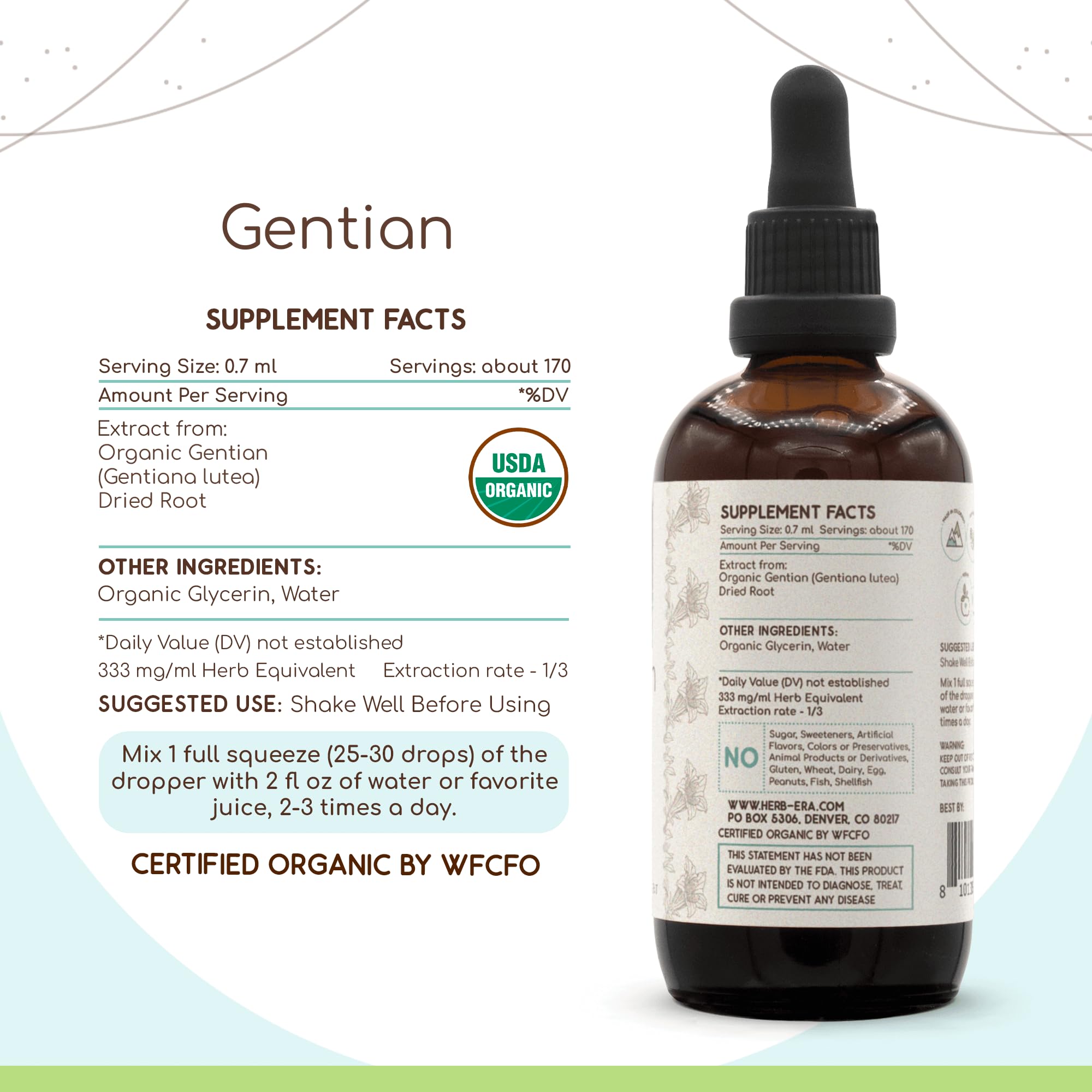 Gentian B120 Alcohol-Free Herbal Extract Tincture, Concentrated Liquid Drops Natural USDA Organic Gentian (Gentiana Lutea) Dried Root (4 fl oz)