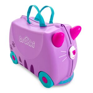 trunki ride-on kids suitcase | tow-along toddler luggage | carry-on cute bag with wheels | kids luggage and airplane travel essentials: cassie cat lilac