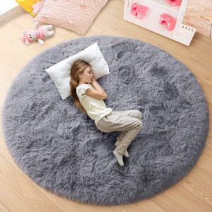 junovo round rug 4x4 feet fluffy soft area rugs for kids girls room princess castle plush shaggy carpet cute circle nursery rug for kids girls bedroom baby room home decor circular carpet, grey