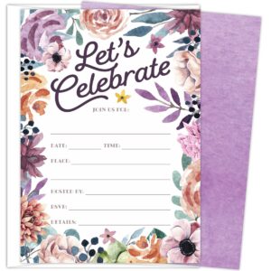 purple vintage floral set of 25 fill-in invitations and envelopes for bridal showers, baby showers, birthdays, graduations, dinner parties, soirees, rehearsal dinners and bachelorette parties.