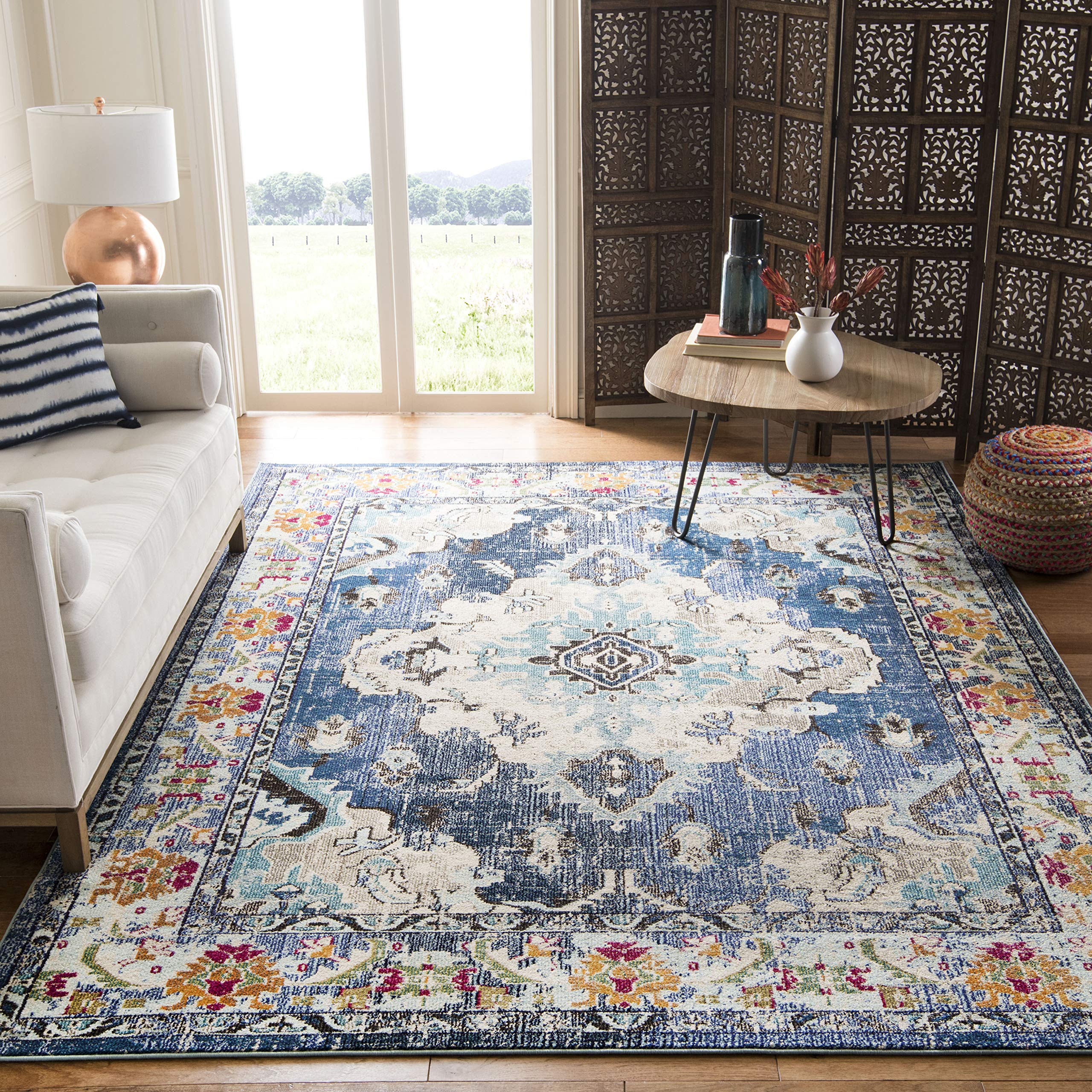 SAFAVIEH Monaco Collection Area Rug - 10' x 14', Navy & Light Blue, Boho Chic Medallion Distressed Design, Non-Shedding & Easy Care, Ideal for High Traffic Areas in Living Room, Bedroom (MNC243N)