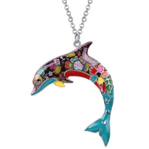 bonsny ocean collection “blue” statement enamel alloy dolphin necklace pendant 18" (multicolor)