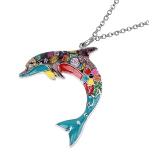 BONSNY Ocean Collection “BLUE” Statement Enamel Alloy Dolphin Necklace Pendant 18" (Multicolor)