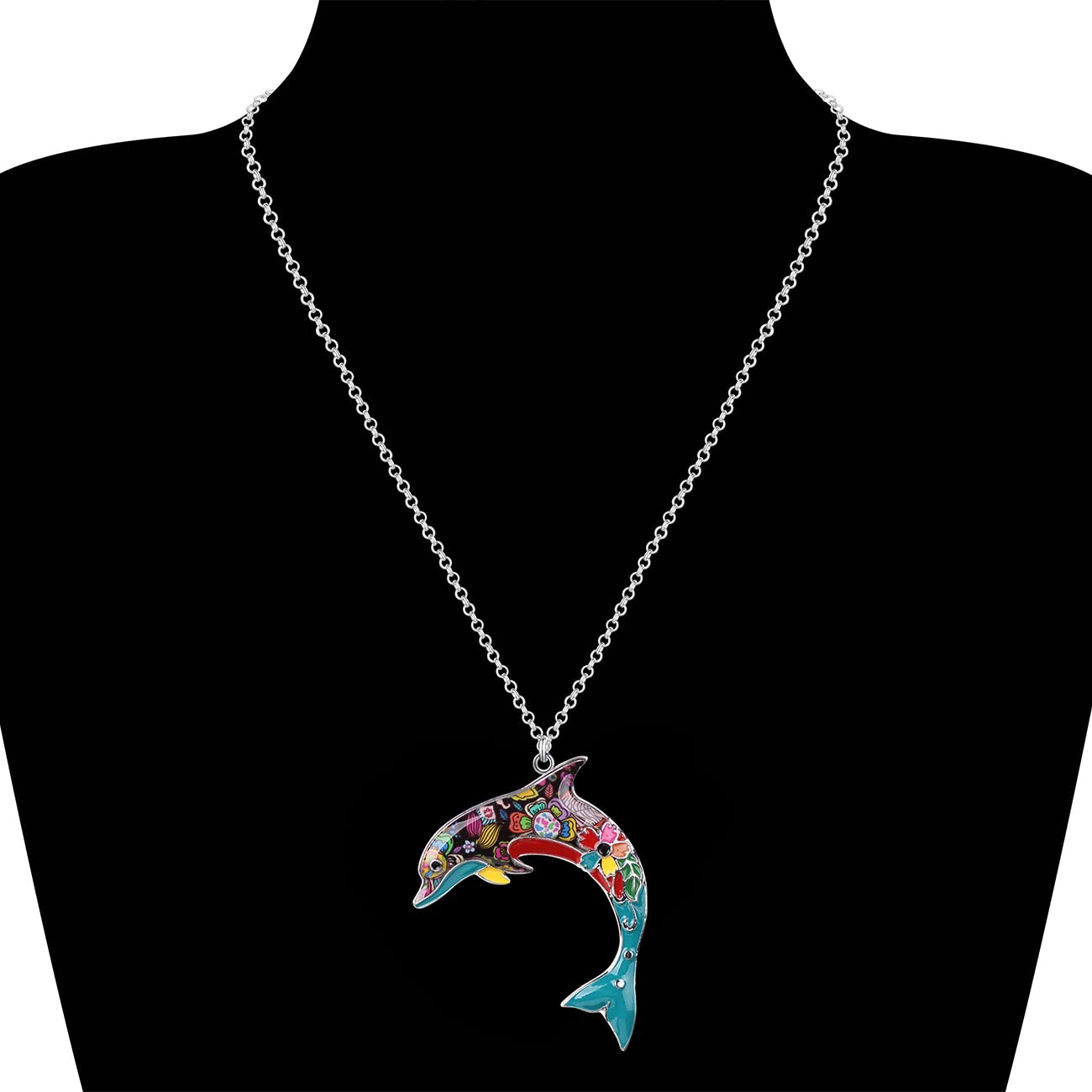 BONSNY Ocean Collection “BLUE” Statement Enamel Alloy Dolphin Necklace Pendant 18" (Multicolor)