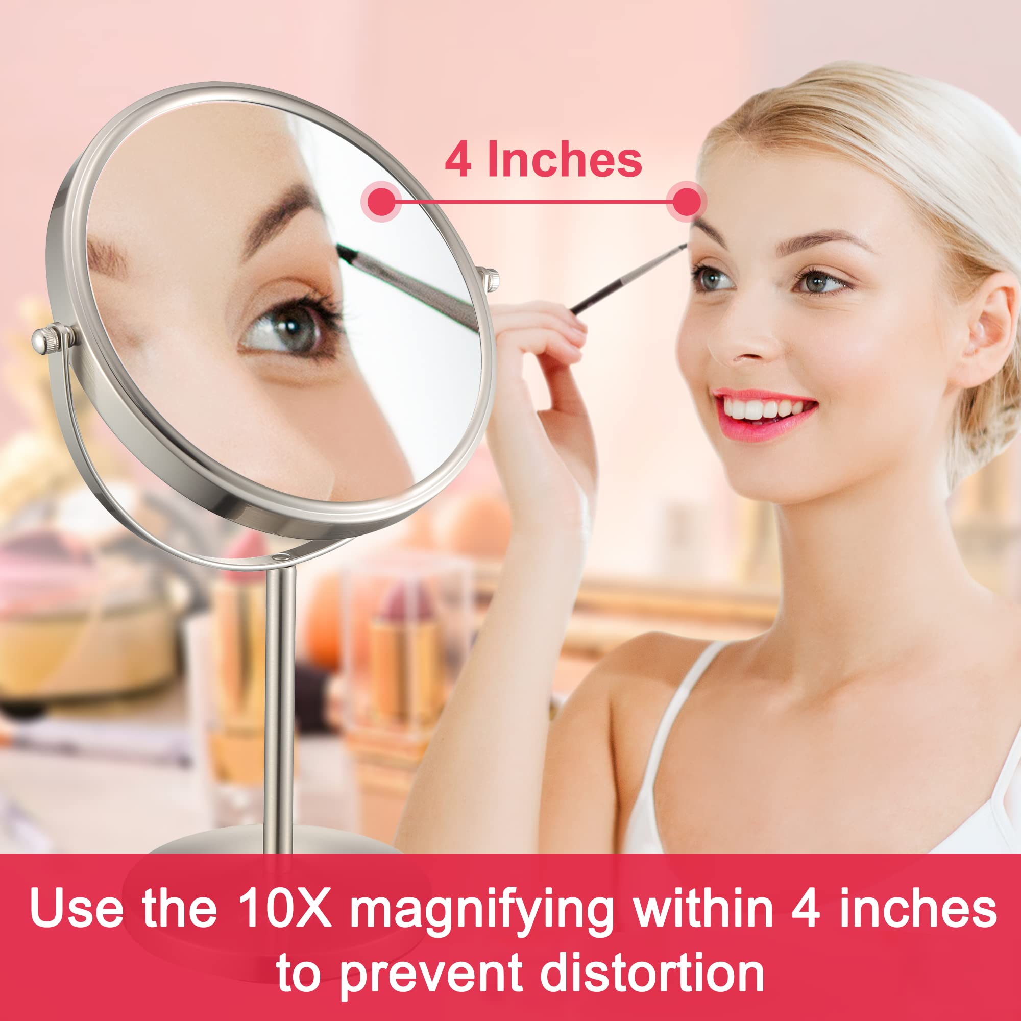 ALHAKIN Magnifying Makeup Mirror, 8-Inch Double Sided Vanity Tabletop Mirror with 10X Magnification, Nickel Finished