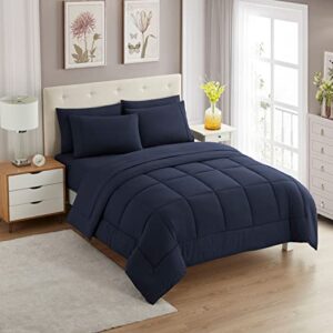 sweet home collection 5 piece comforter set bag solid color all season soft down alternative blanket & luxurious microfiber bed sheets, navy, twin