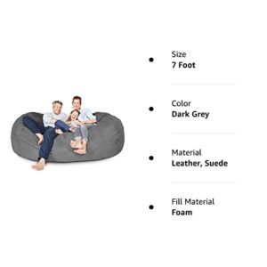 Lumaland Luxurious Giant 7ft Bean Bag Chair with Microsuede Cover - Ultra Soft, Foam Filling, Washable Jumbo Sofa for Kids, Teenagers, Adults Sack Dorm, Family Room Dark Grey