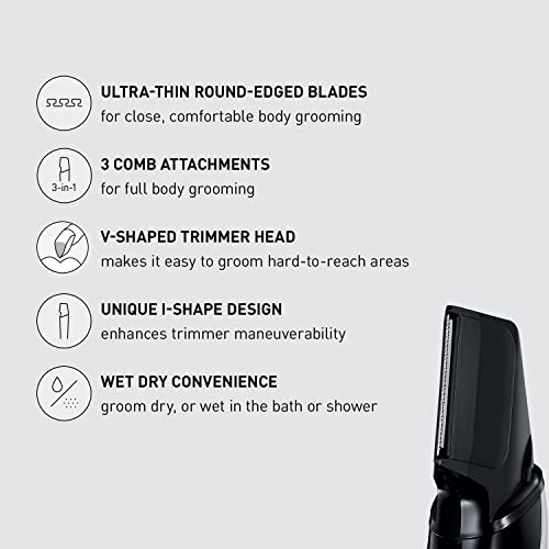 Panasonic Body Hair Trimmer for Men, Cordless Waterproof Design, V-Shaped Trimmer Head with 3 Comb Attachments for Gentle, Full Body Grooming, ER-GK60-S (Silver)