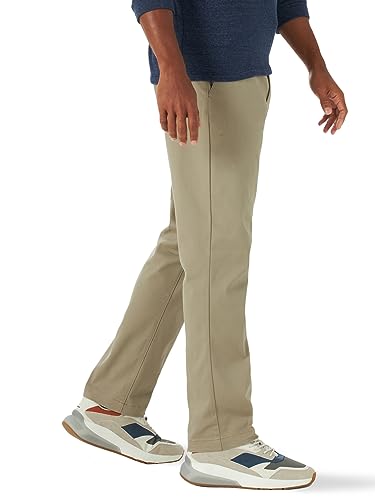 Lee Men's Extreme Motion Flat Front Relaxed Taper Pant, Khaki, 38W x 32L