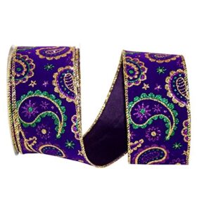 wired mardi gras paisley velvet purple ribbon 2 1/2" 10 yards